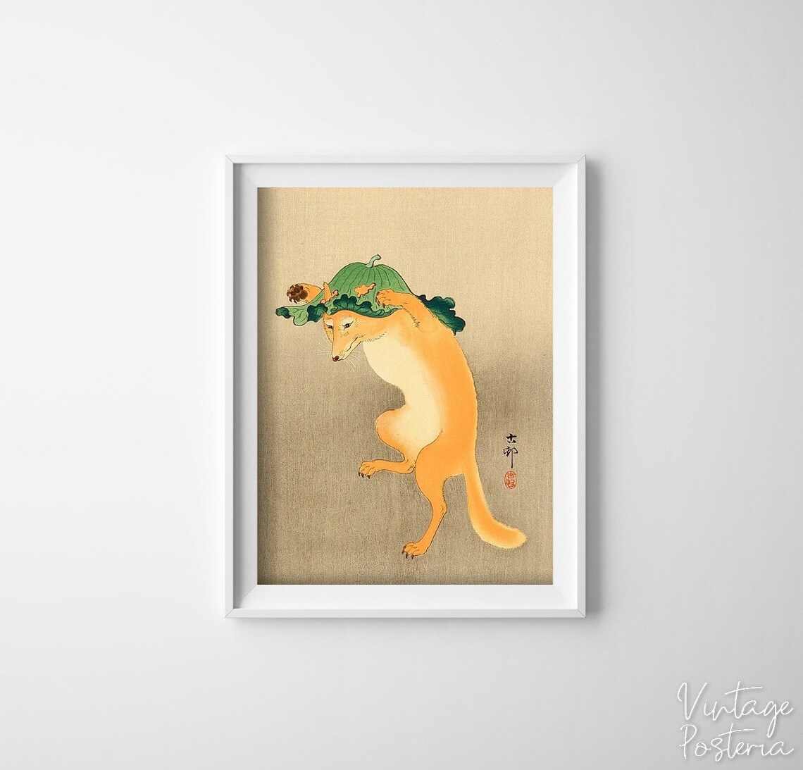 Japanese Art Print Dancing Fox With Lotus Leaf Hat by Ohara Koson Retro ...