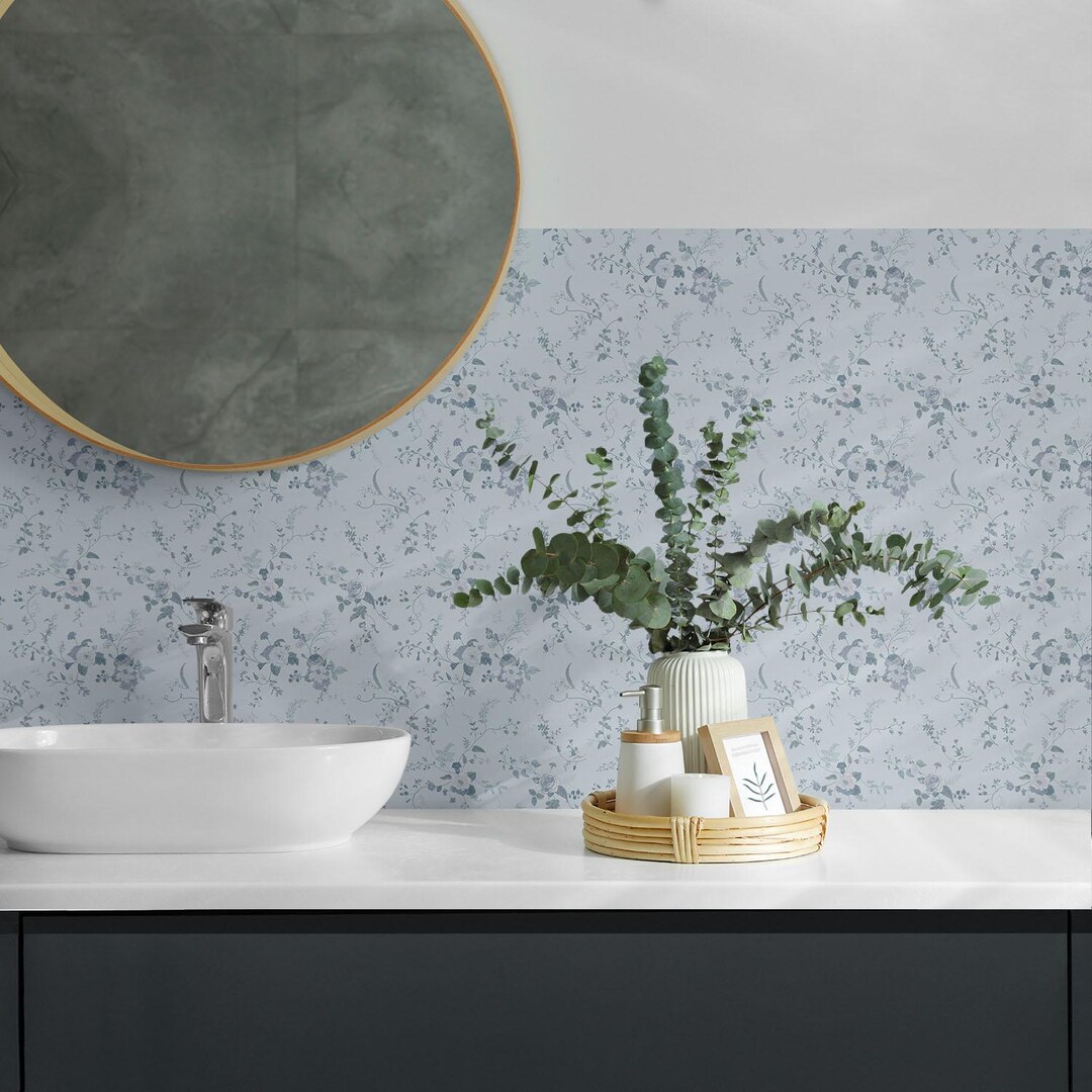 Floral Pattern PVC Floor Tiles, Blue Tile Stickers, Peel and Stick ...