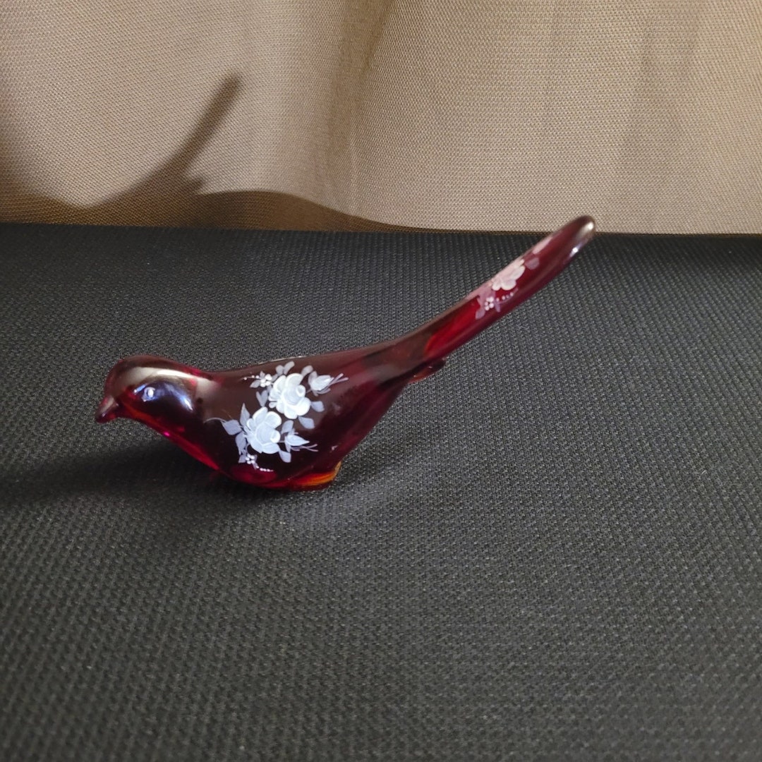 Fenton Glass Ruby Red Bird/hand Painted/signed by Artist/figurine ...