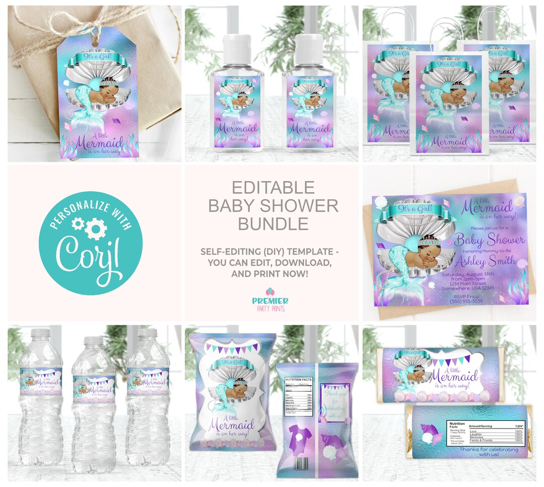 Editable Instant Access/download Mermaid Baby Shower Bundle Medium Tone ...
