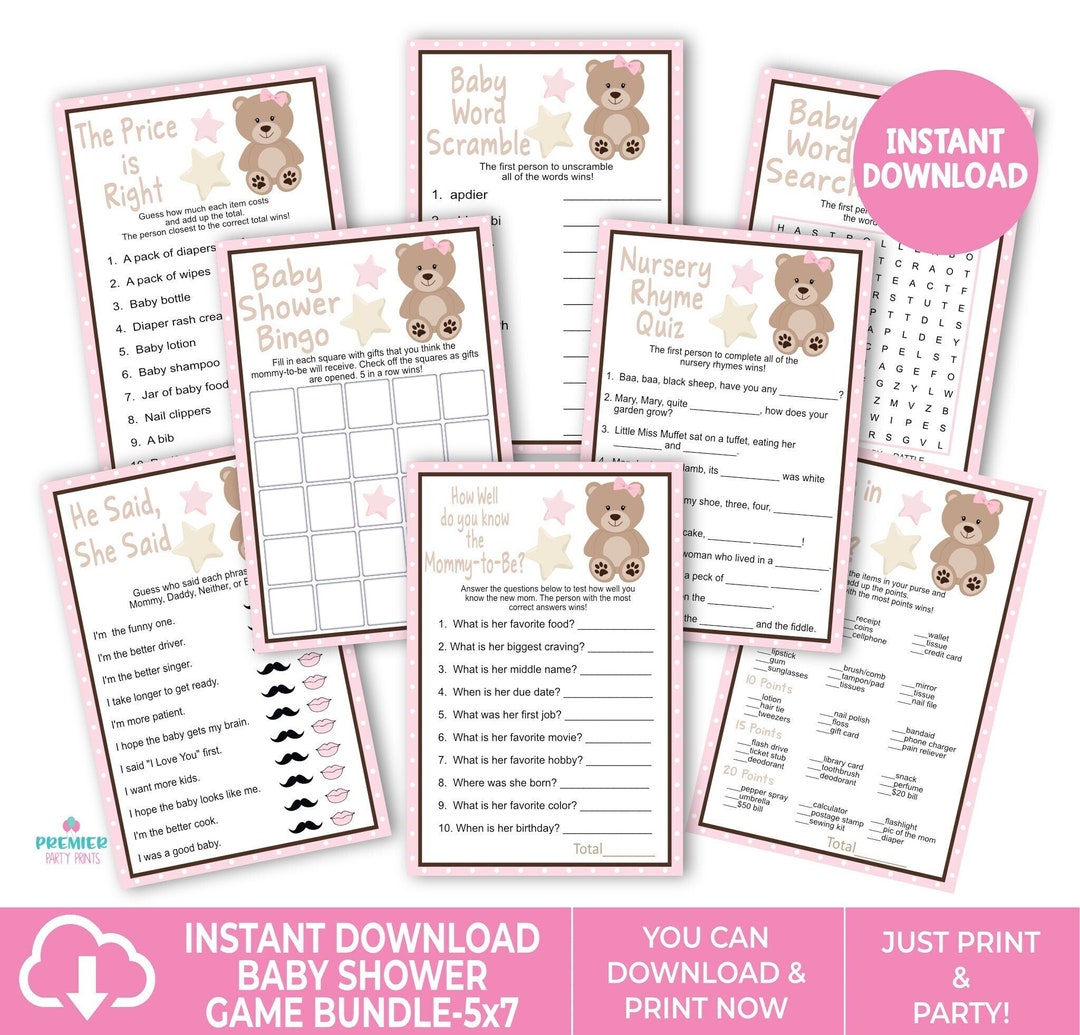 Instant Download Pink Teddy Bear Baby Shower 8 Game Bundle-bs036 - Etsy