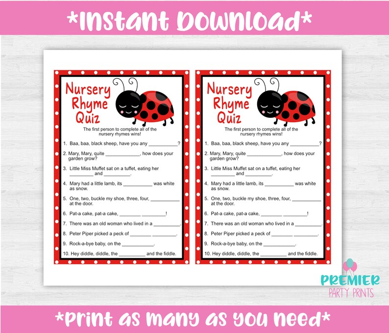 Instant Download Little Ladybug Nursery Rhyme Quiz Baby Shower - Etsy