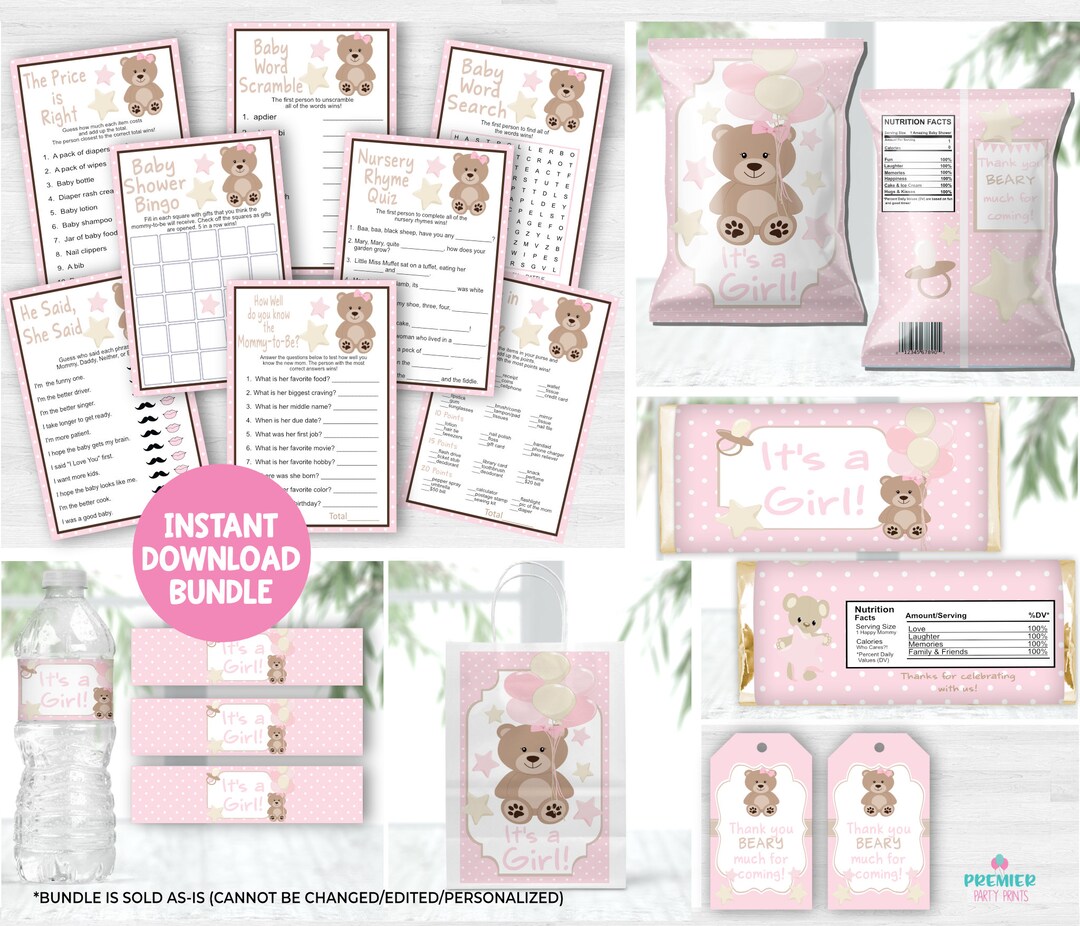 Instant Download Pink Teddy Bear Baby Shower Bundle-bs036 - Etsy