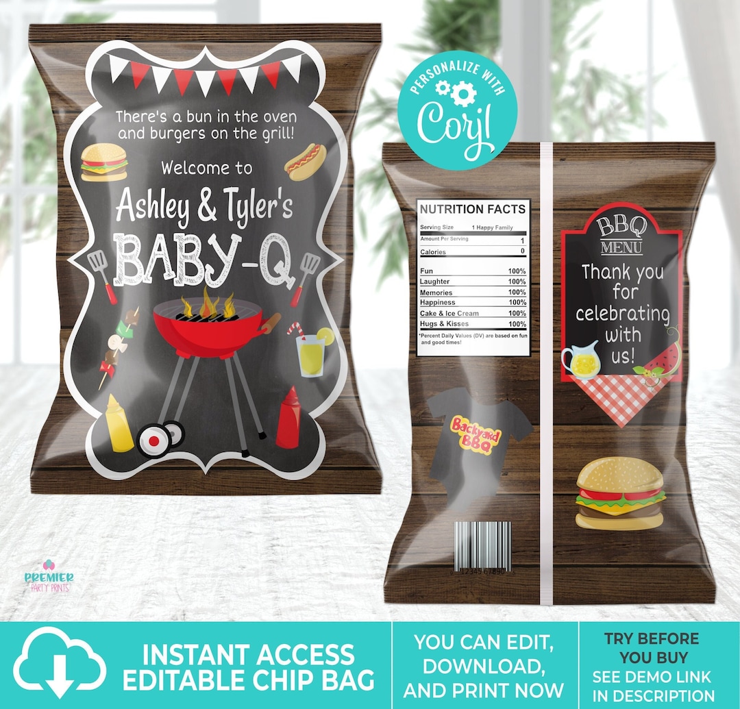 Editable Instant Access/download Babyq/bbq Baby Shower Chip Bag BS153 ...