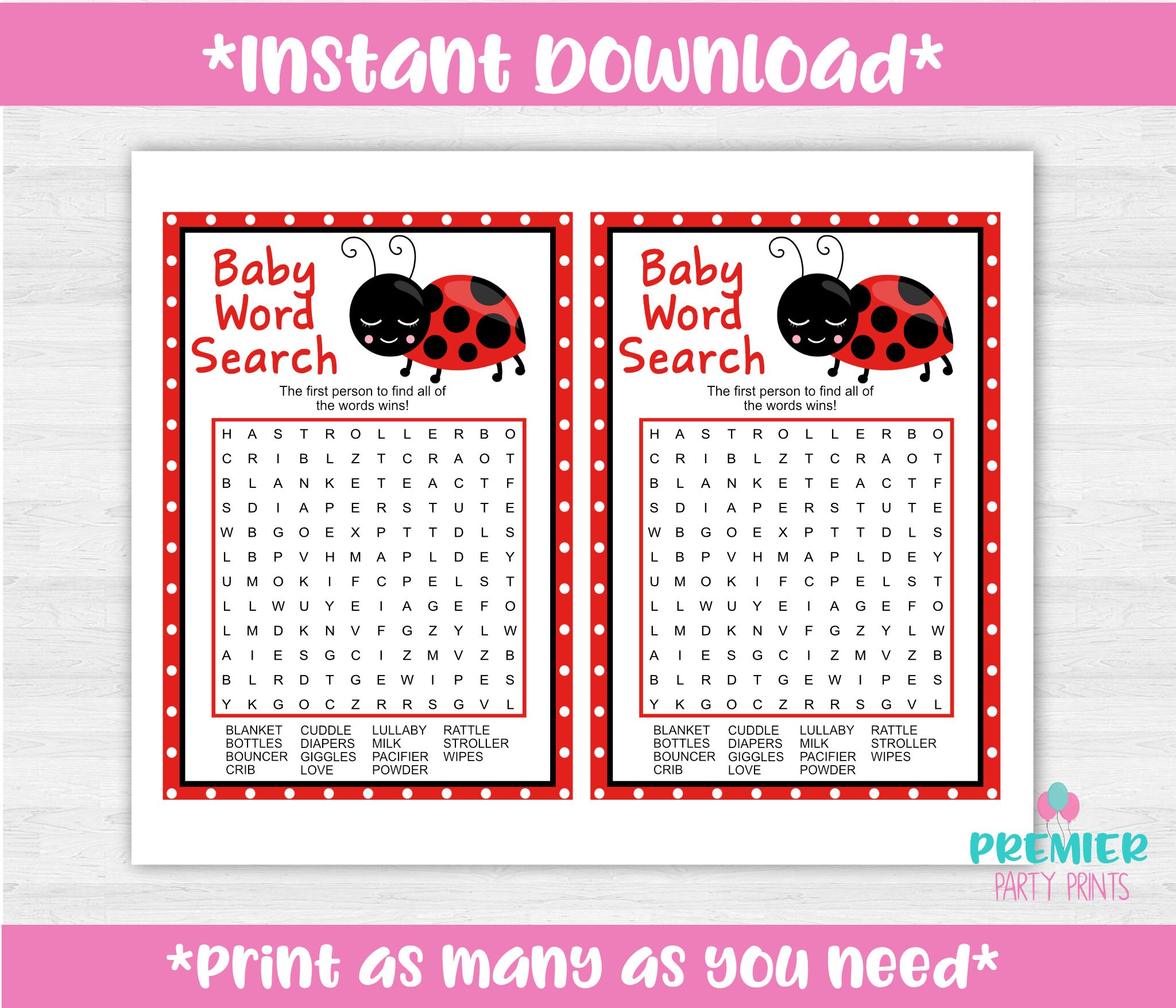 Instant Download Little Ladybug Baby Word Search Baby Shower | Etsy