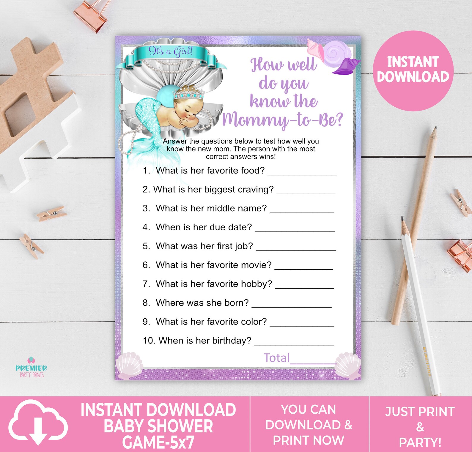 Instant Download Mermaid Baby Shower Game Bundle Light | Etsy
