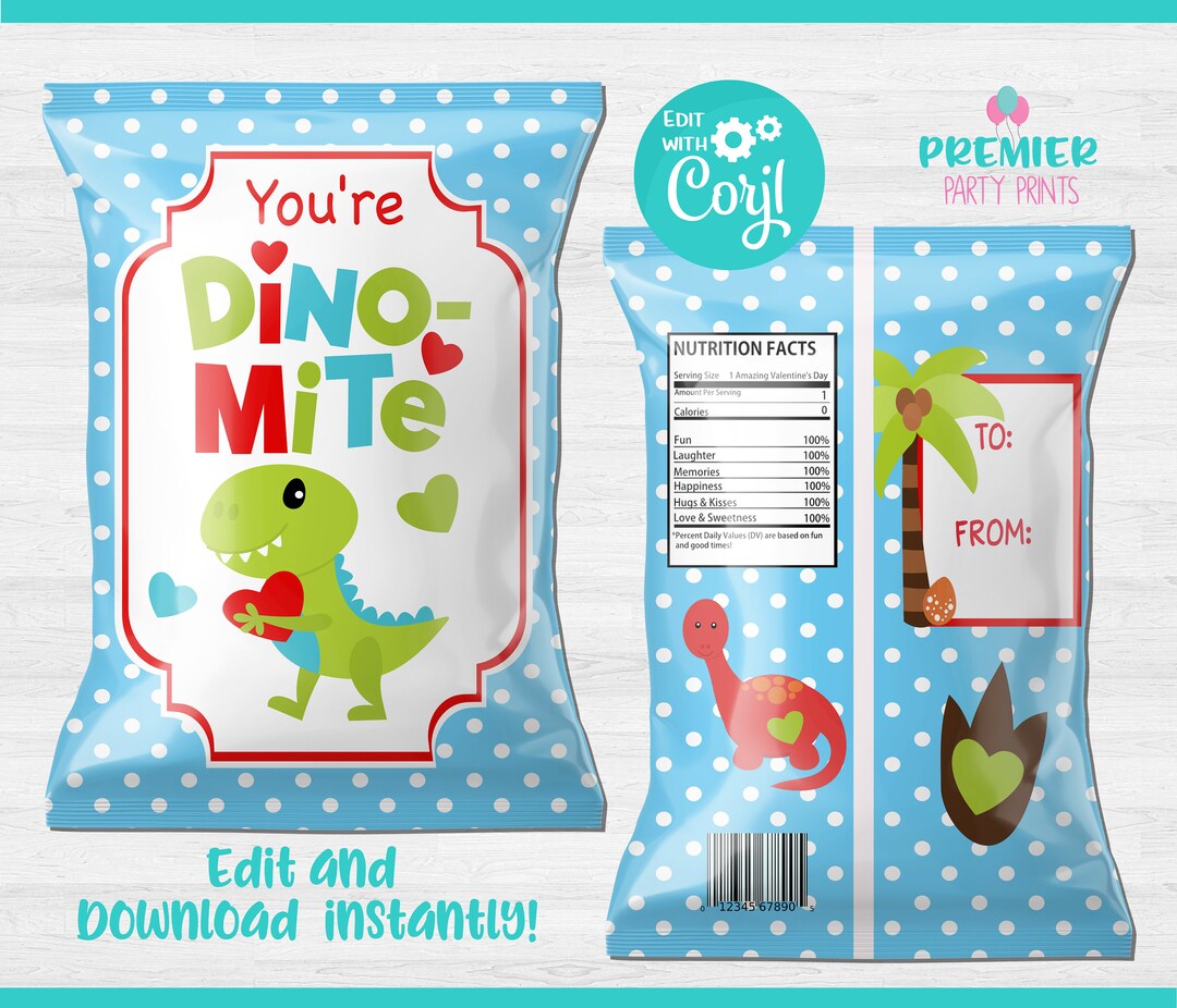 Instant Download Editable Valentine's Day Dinosaur Chip Bag-v005 - Etsy