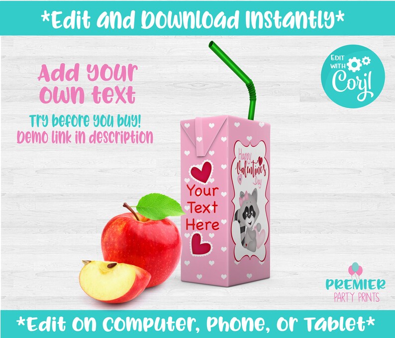 Instant Download Editable Valentine's Day Juice Box - Etsy