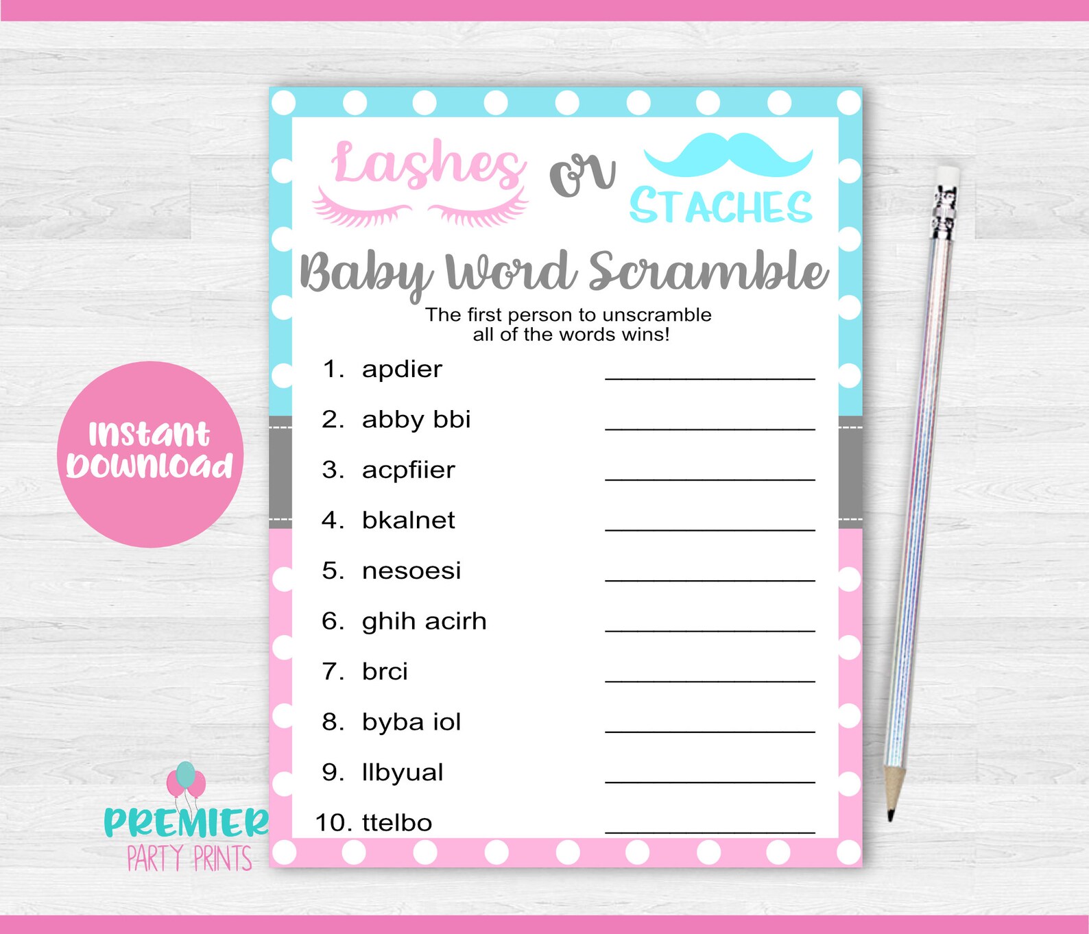 Instant Download Lashes or Staches Gender Reveal 8 Game | Etsy