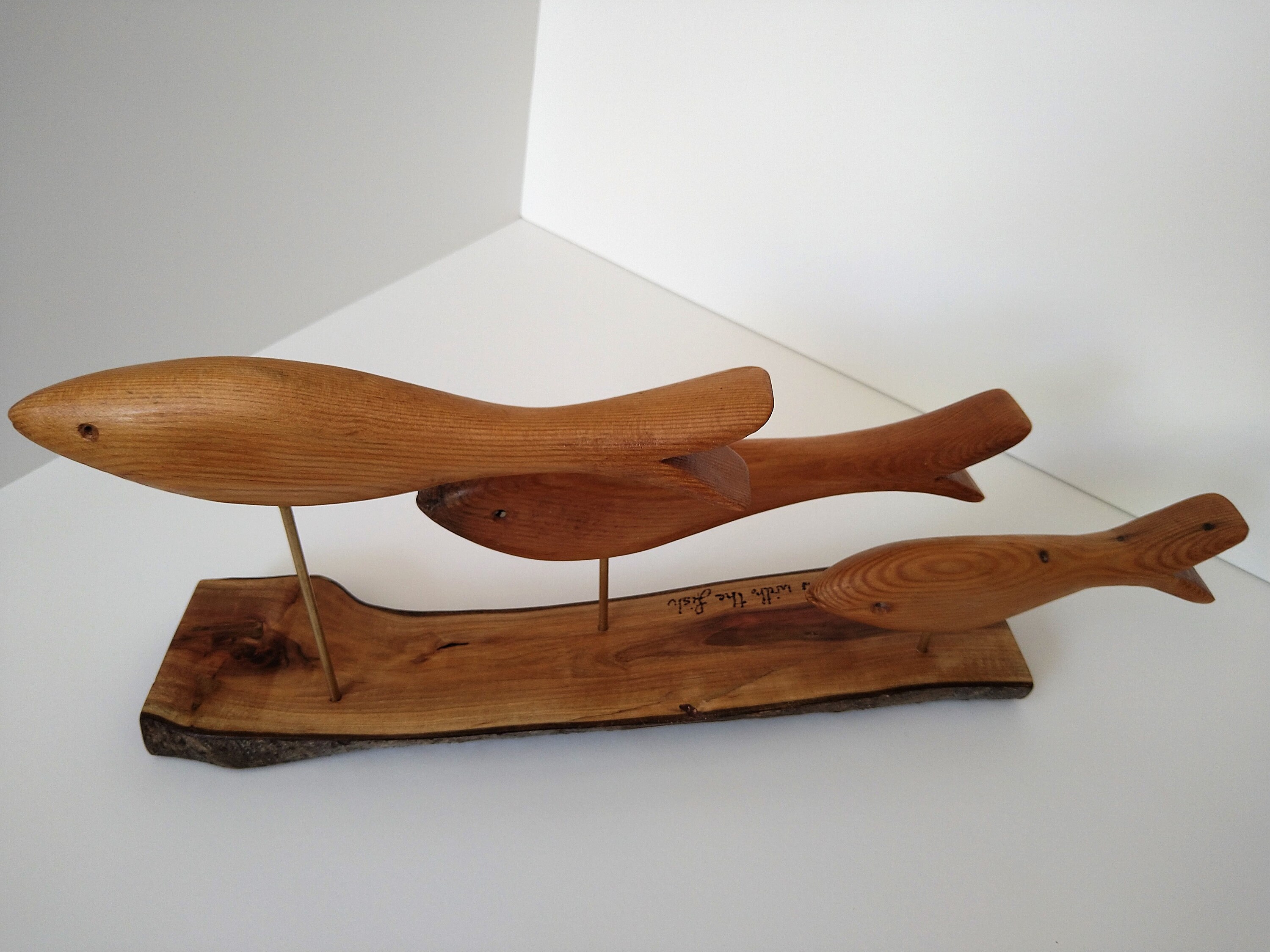 Hand Carved Pitch Pine Fish Sculptures on a English Pear Wood Base. 3 ...