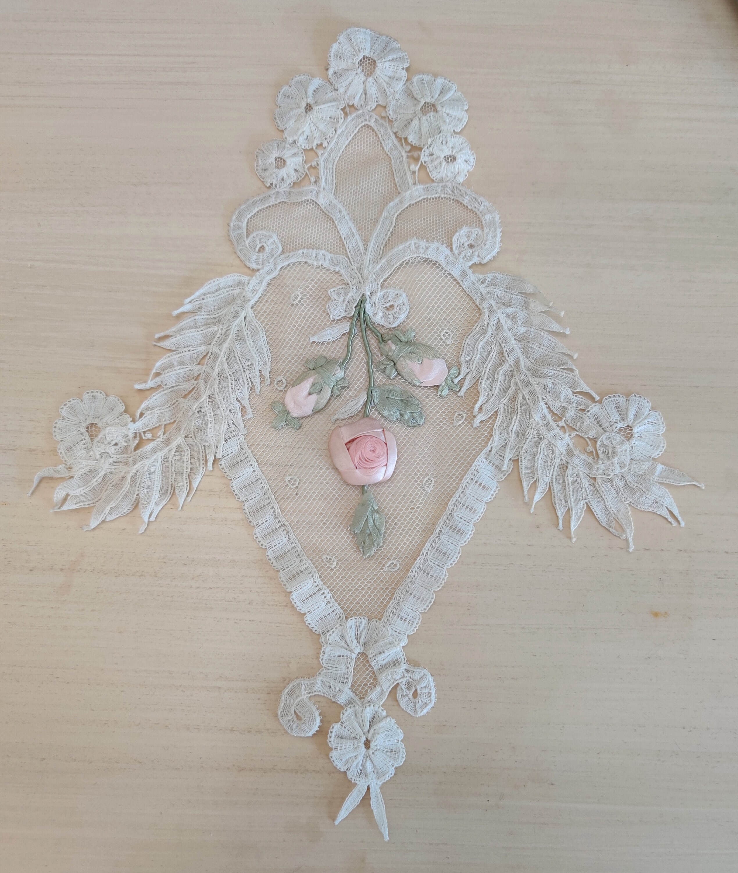 RARE Antique Edwardian Pink Rose Rosebuds Silk Ribbonwork Embroidered ...