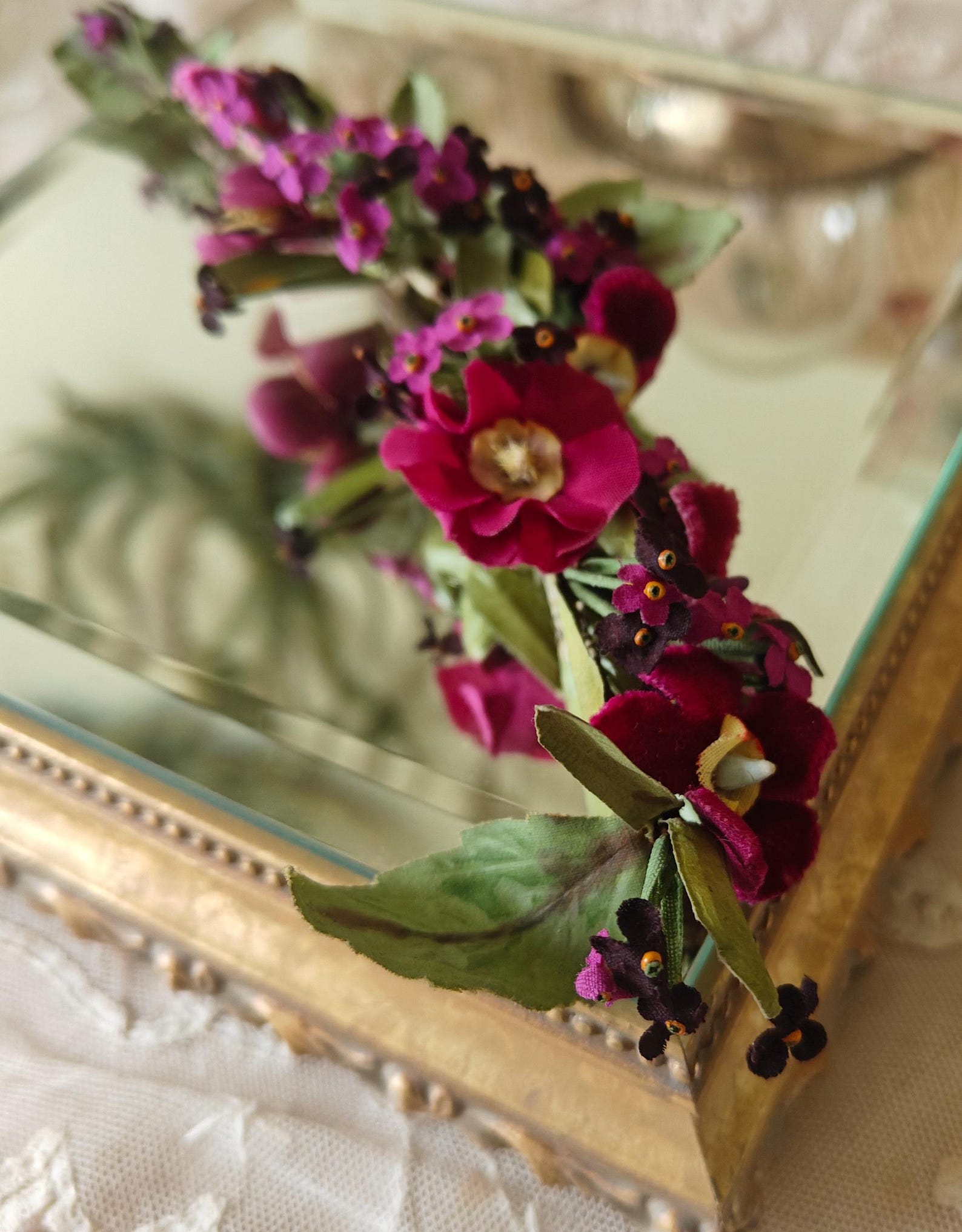 Antique FRENCH Millinery Cloth & VELVET Floral Small Garland Forget Me ...