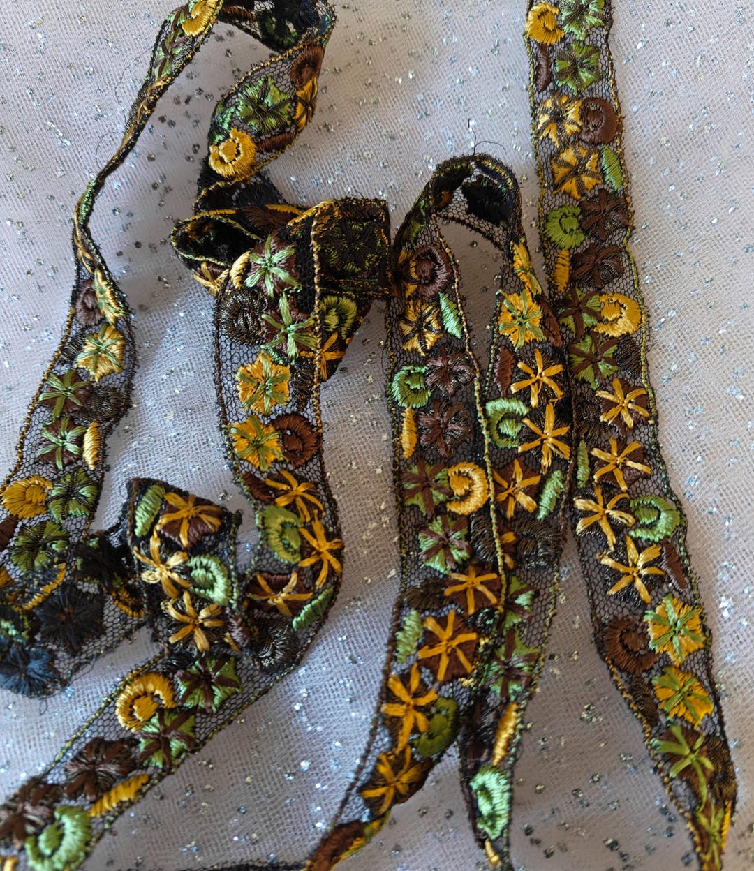 RARE Antique Silk Embroidered Net Lace Gold Metallic Trim Metal Threads ...