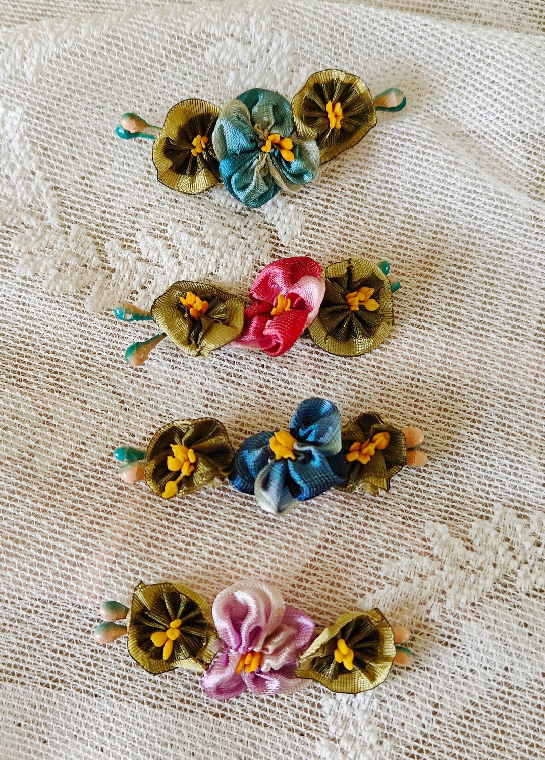 1 Antique 1920s Ribbonwork Appliques METAL OMBRE RIBBON Variegated Silk ...