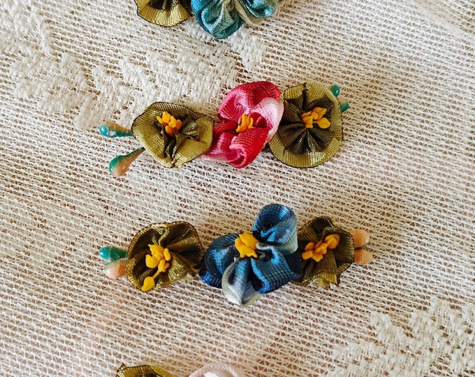 RARE Antique Edwardian Pink Rose Rosebuds Silk Ribbonwork Embroidered ...