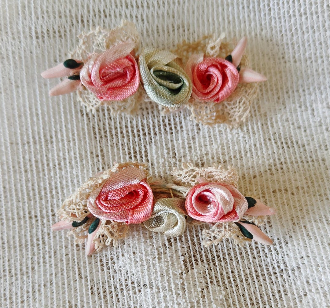 1 Antique 1920s Trio Pink & Aqua Ribbonwork Roses W Lace Appliques Pink ...