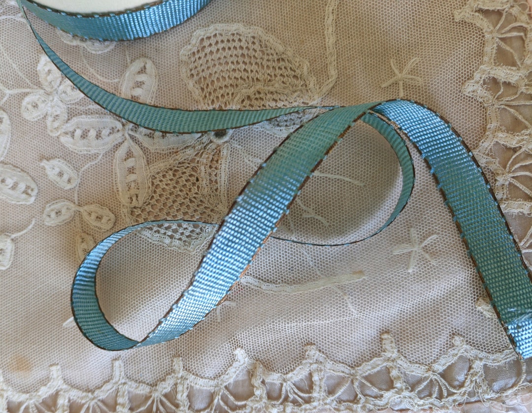 Antique Edwardian Turquoise Blue Ribbon Metal Gold Edge 1/2 X YARD ...