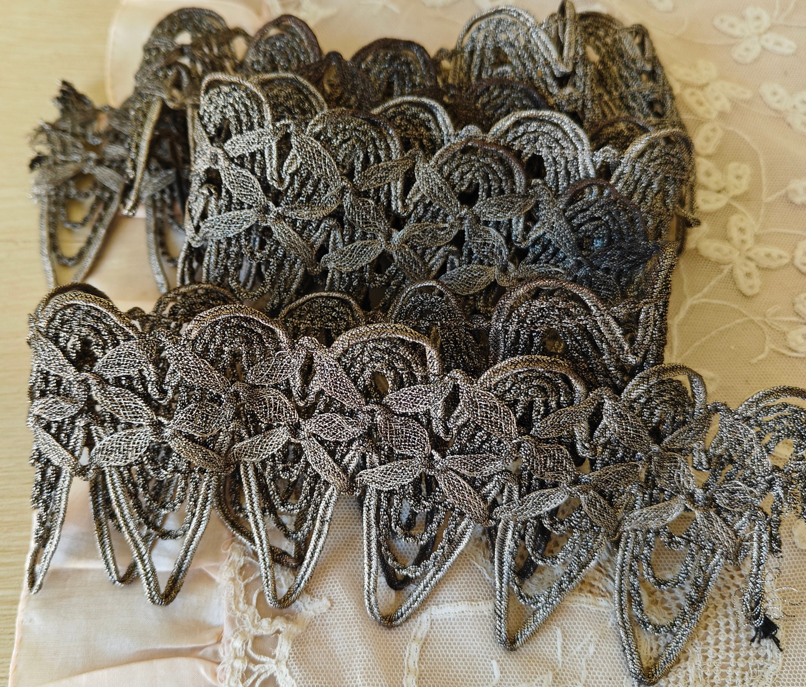 Antique Edwardian Wide ORNATE Real SILVER HEAVY Metal Trim Braided 2 3/ ...