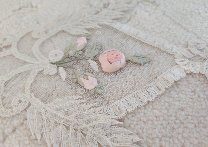 RARE Antique Edwardian Pink Rose Rosebuds Silk Ribbonwork Embroidered ...