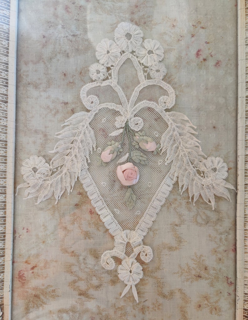 RARE Antique Edwardian Pink Rose Rosebuds Silk Ribbonwork Embroidered ...