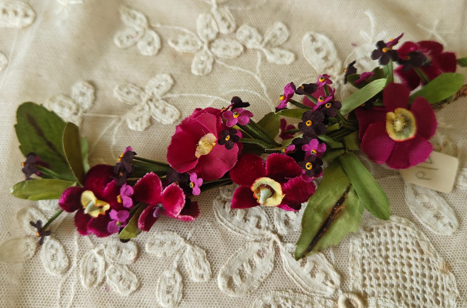 Antique FRENCH Millinery Cloth & VELVET Floral Small Garland Forget Me ...