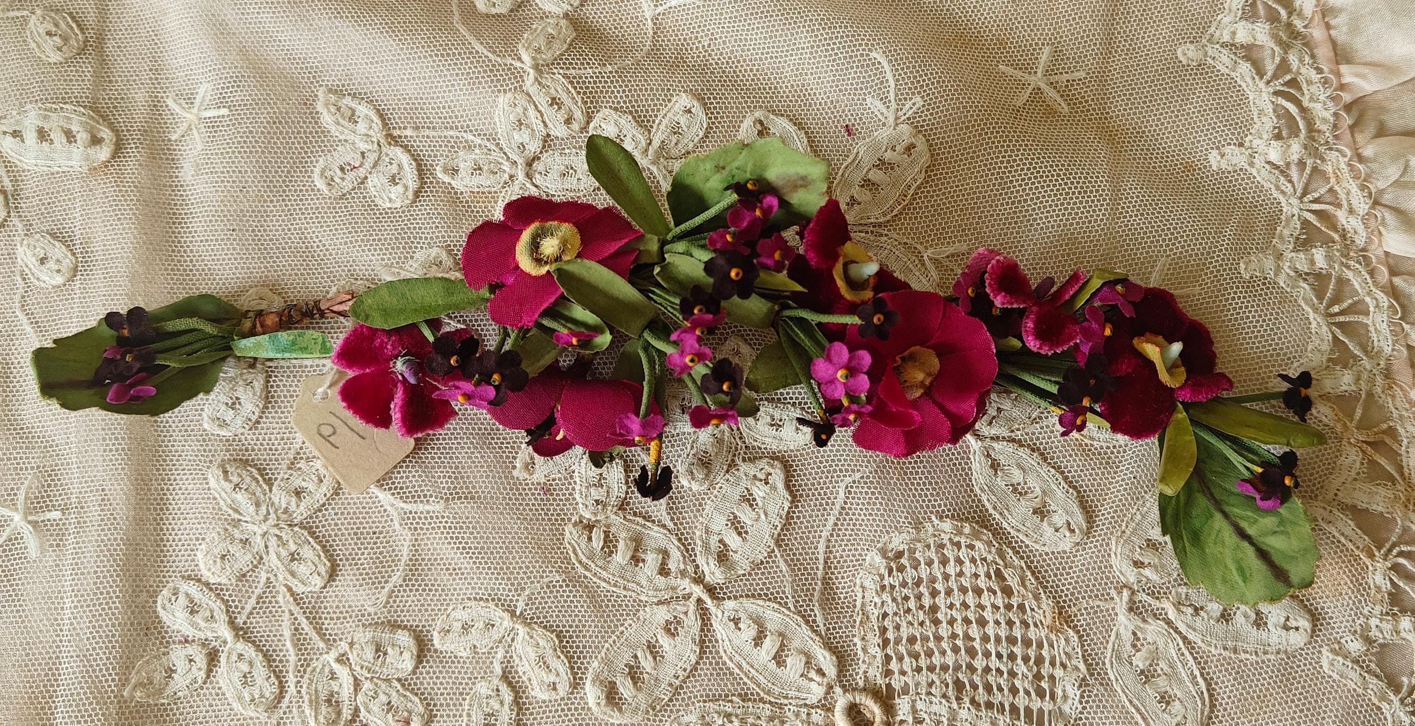 Antique FRENCH Millinery Cloth & VELVET Floral Small Garland Forget Me ...