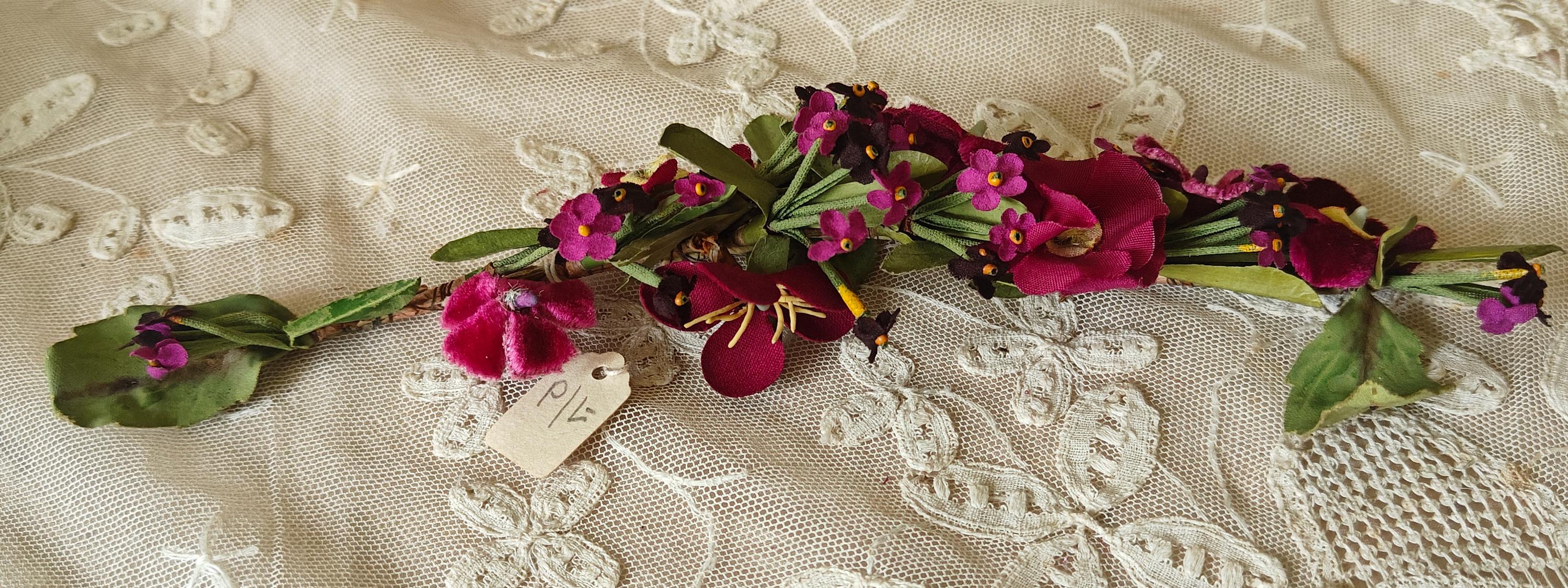 Antique FRENCH Millinery Cloth & VELVET Floral Small Garland Forget Me ...