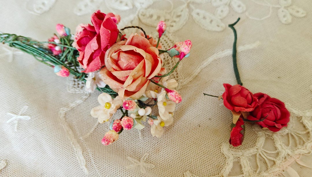 2 Vintage Small Rose Bouquets W Millinery Stamens Forget Me Nots Tiny ...