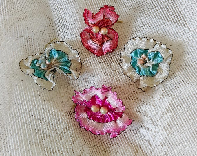 RARE Antique Edwardian Pink Rose Rosebuds Silk Ribbonwork Embroidered ...