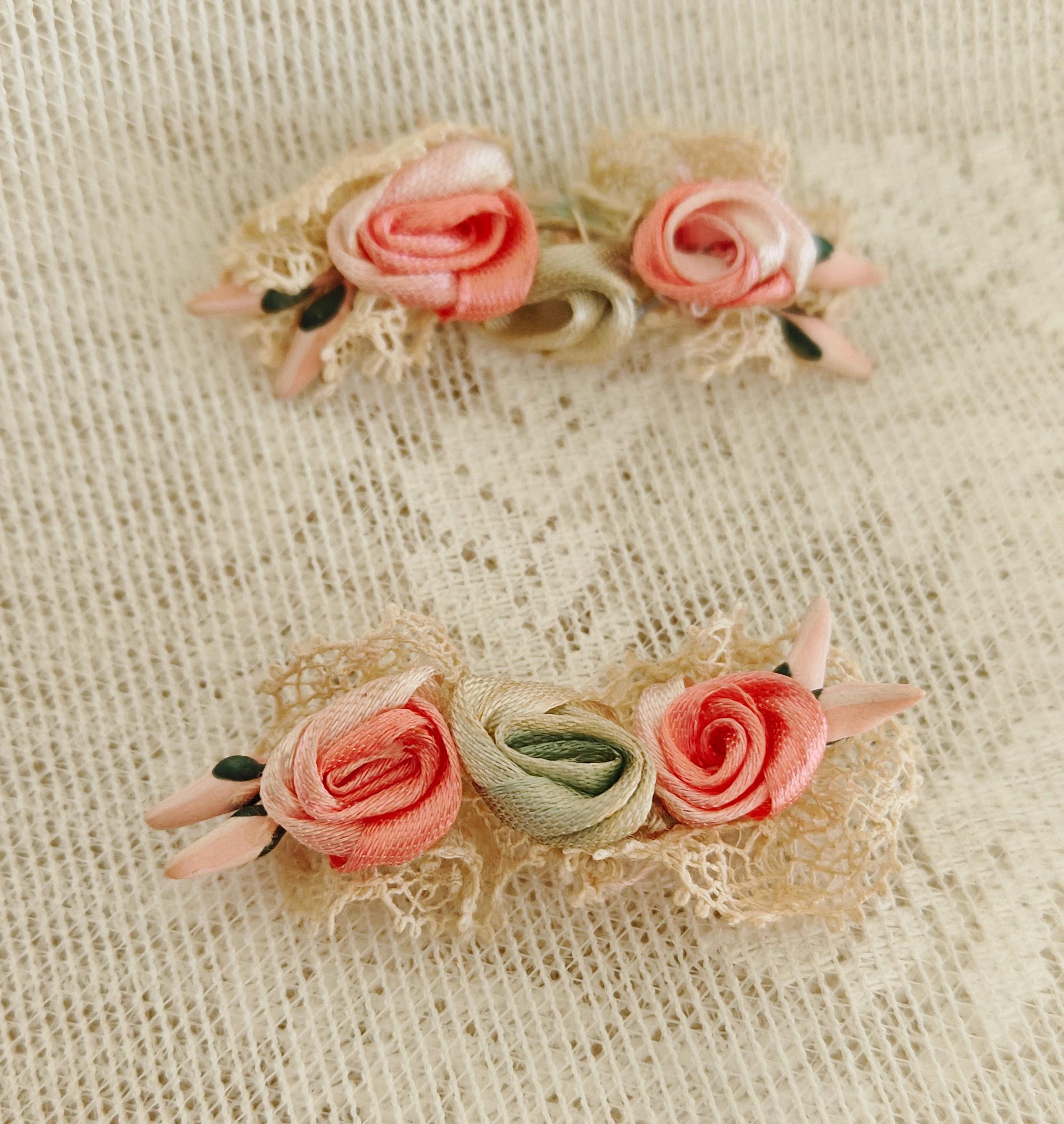 1 Antique 1920s Trio Pink & Aqua Ribbonwork Roses W Lace Appliques Pink ...