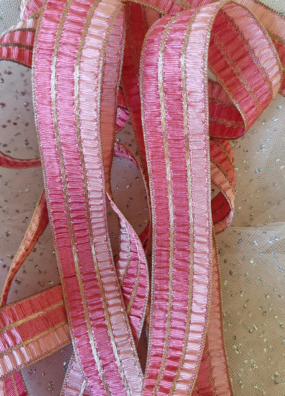 Lovely Antique PINK Ombre GOLD Metallic Ruched Ribbon Trim 1" Wide Gold ...