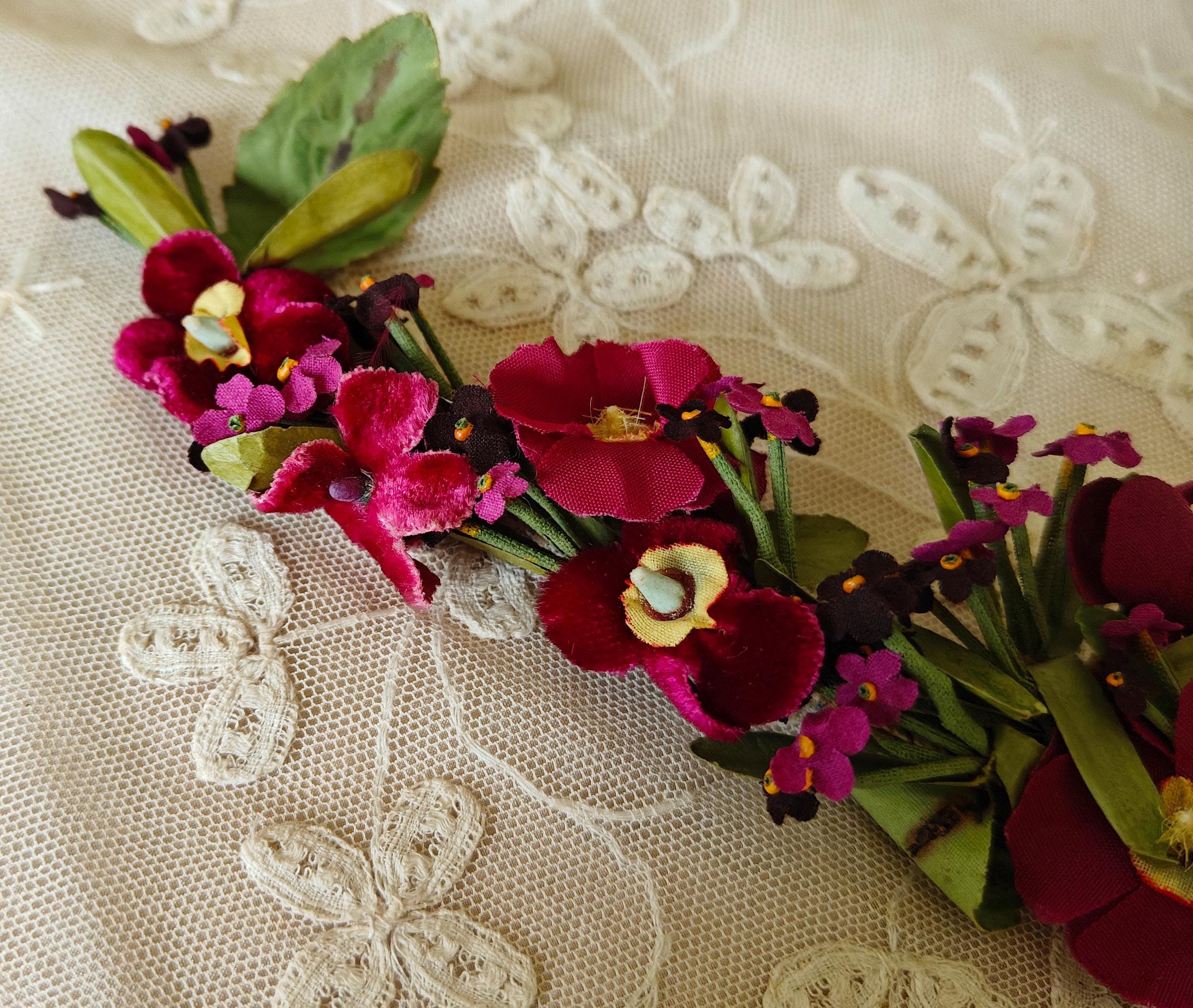 Antique FRENCH Millinery Cloth & VELVET Floral Small Garland Forget Me ...