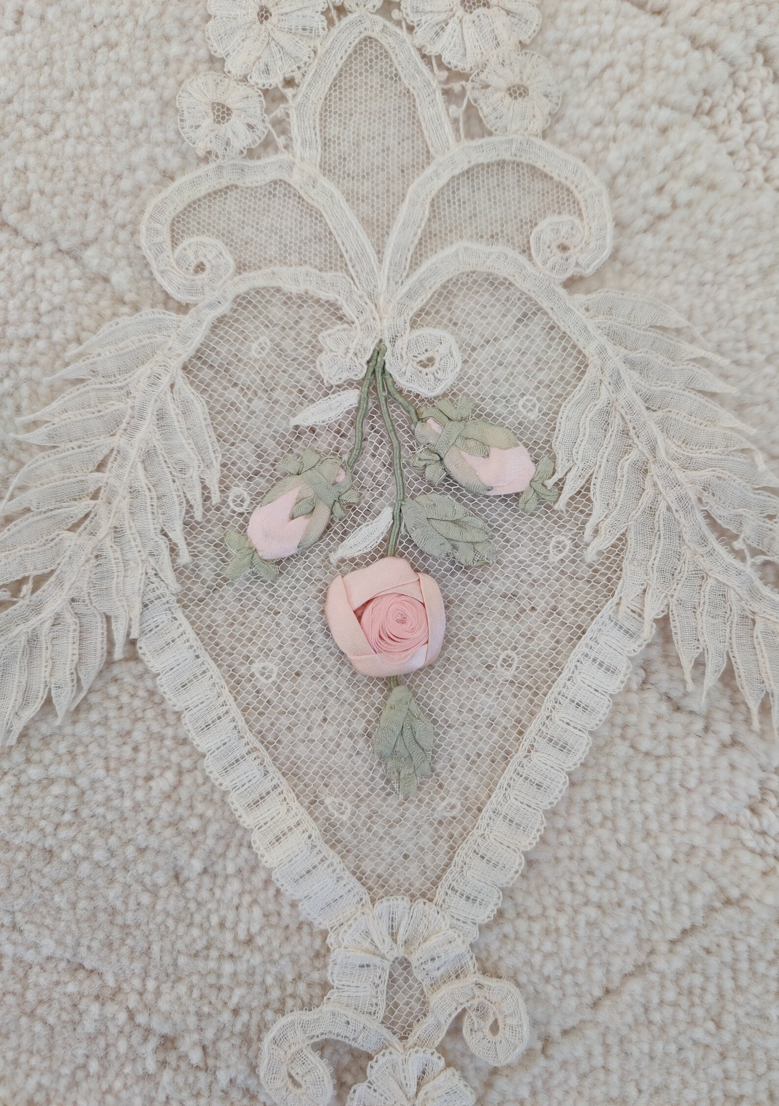 RARE Antique Edwardian Pink Rose Rosebuds Silk Ribbonwork Embroidered ...