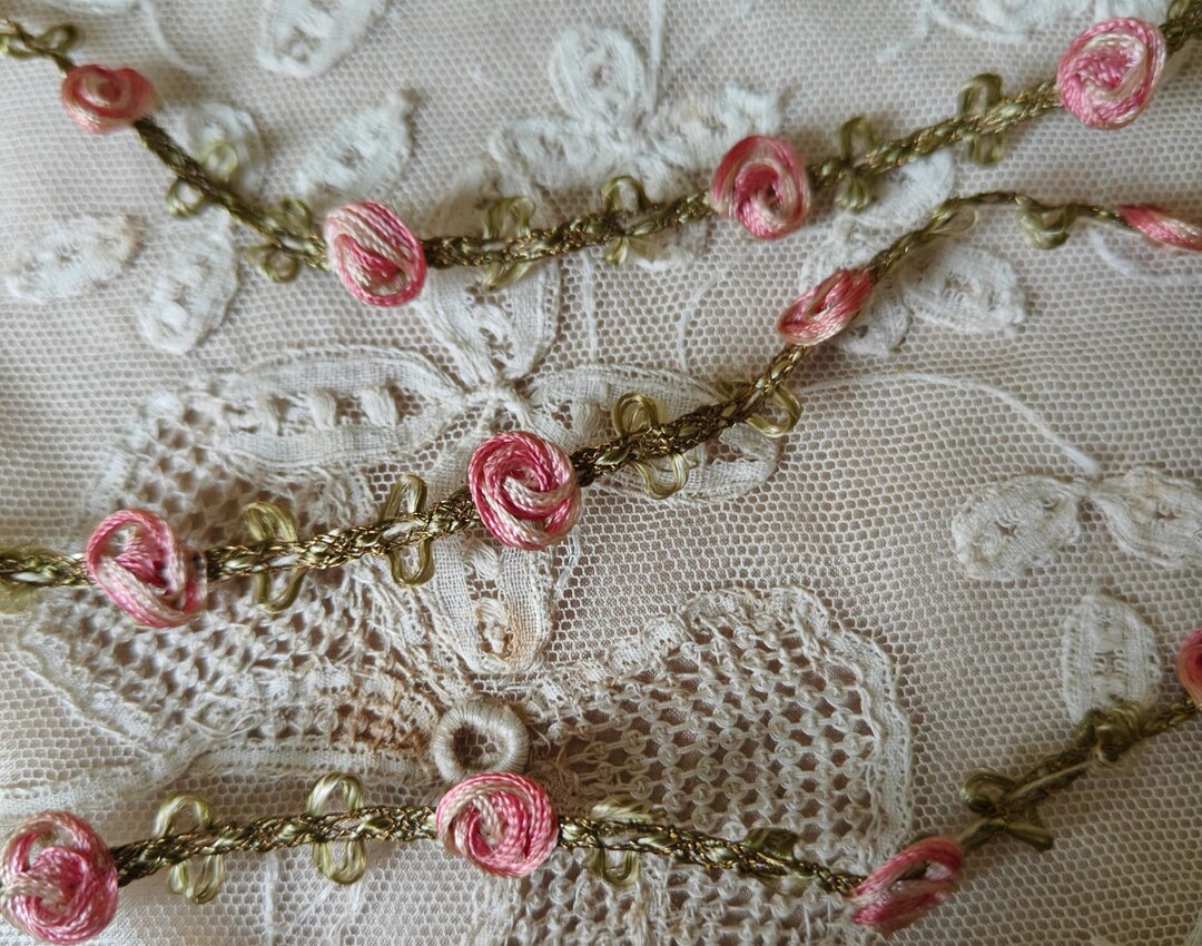 15 Antique Ribbonwork Pink Ombre Silk Roses Gold Metal Rocco Trim W ...