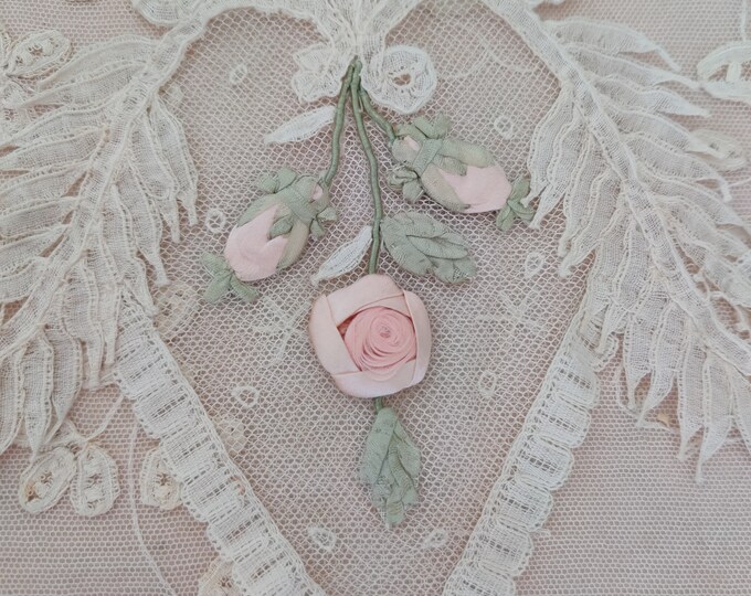 RARE Antique Edwardian Pink Rose Rosebuds Silk Ribbonwork Embroidered ...