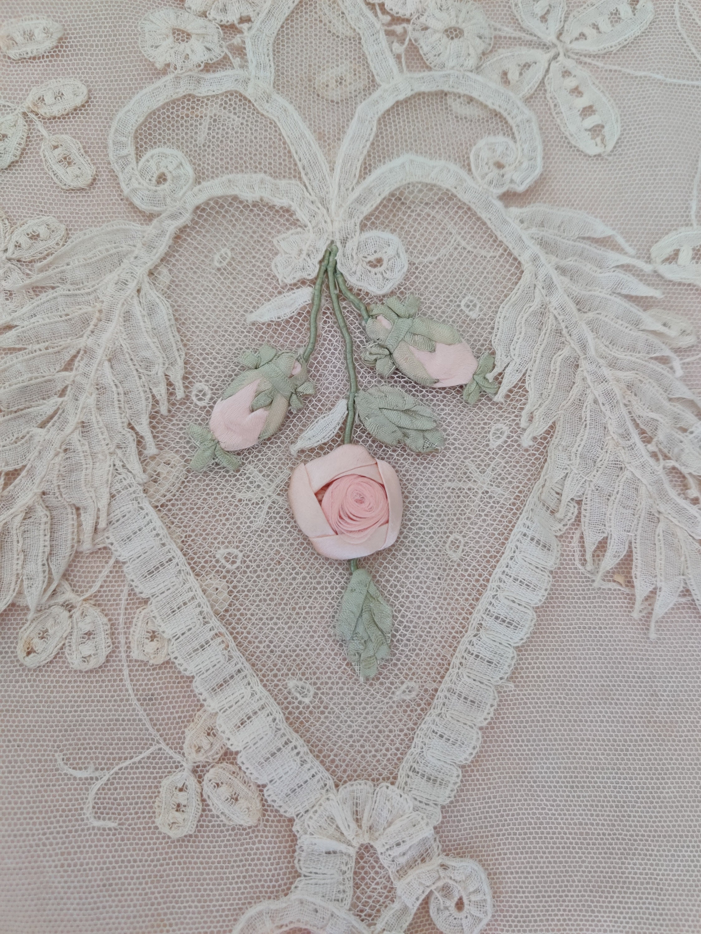 RARE Antique Edwardian Pink Rose Rosebuds Silk Ribbonwork Embroidered ...