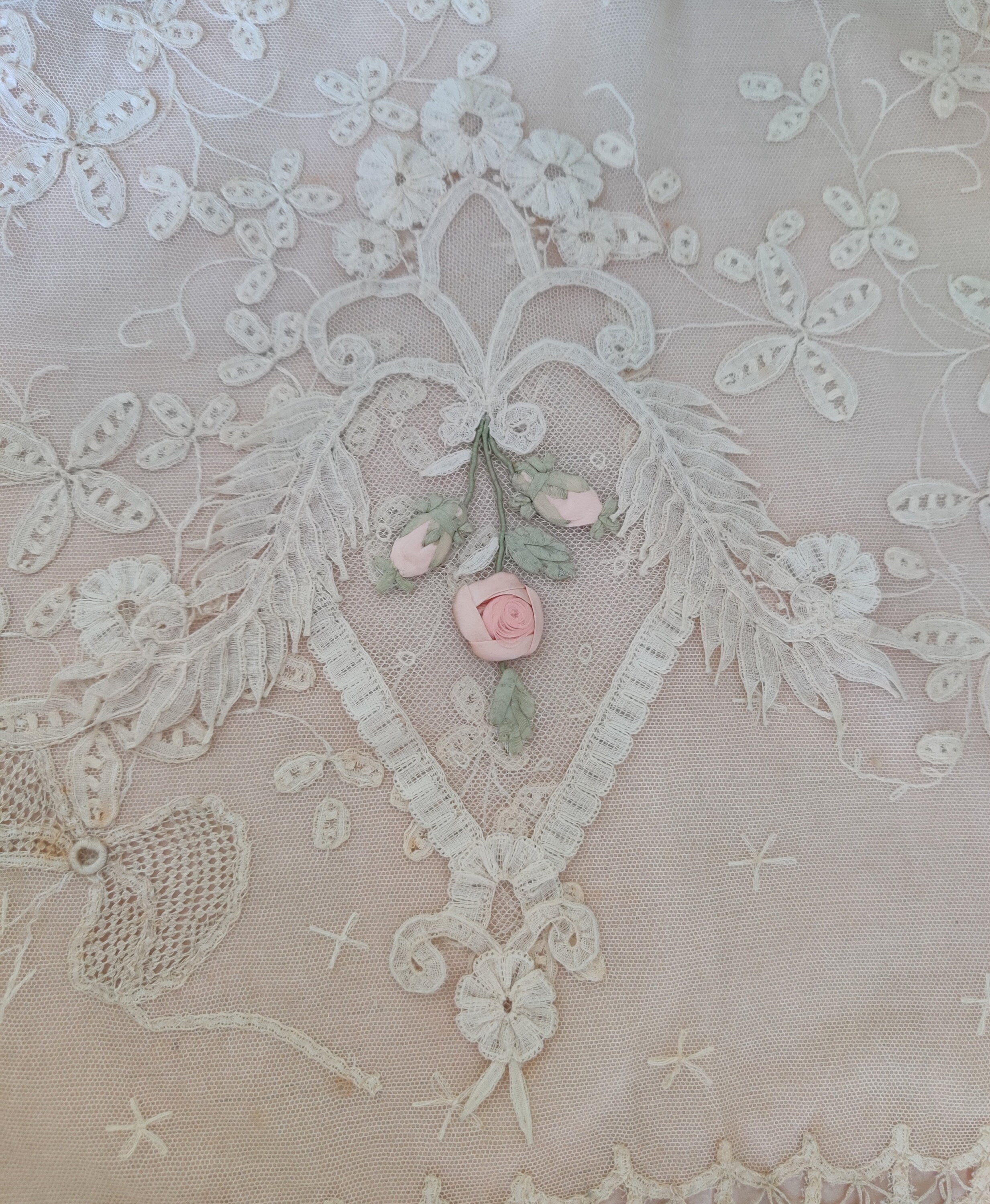 RARE Antique Edwardian Pink Rose Rosebuds Silk Ribbonwork Embroidered ...