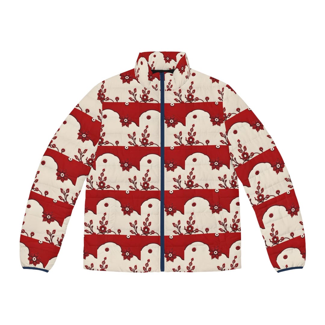 Red Berry Wave Pattern Puffer Jacket | Men's Puffer Jacket - Etsy