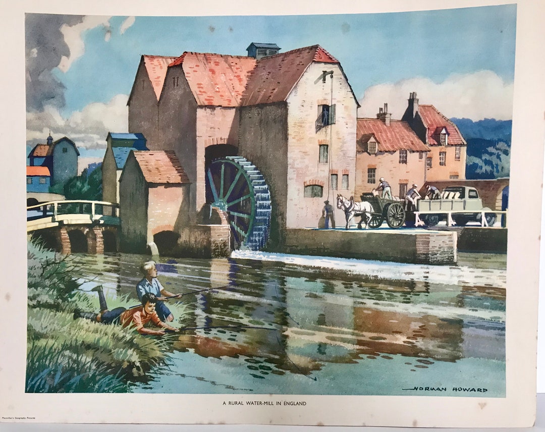 Vintage School Poster.watermill.english Scene.fisherman.england.horse ...