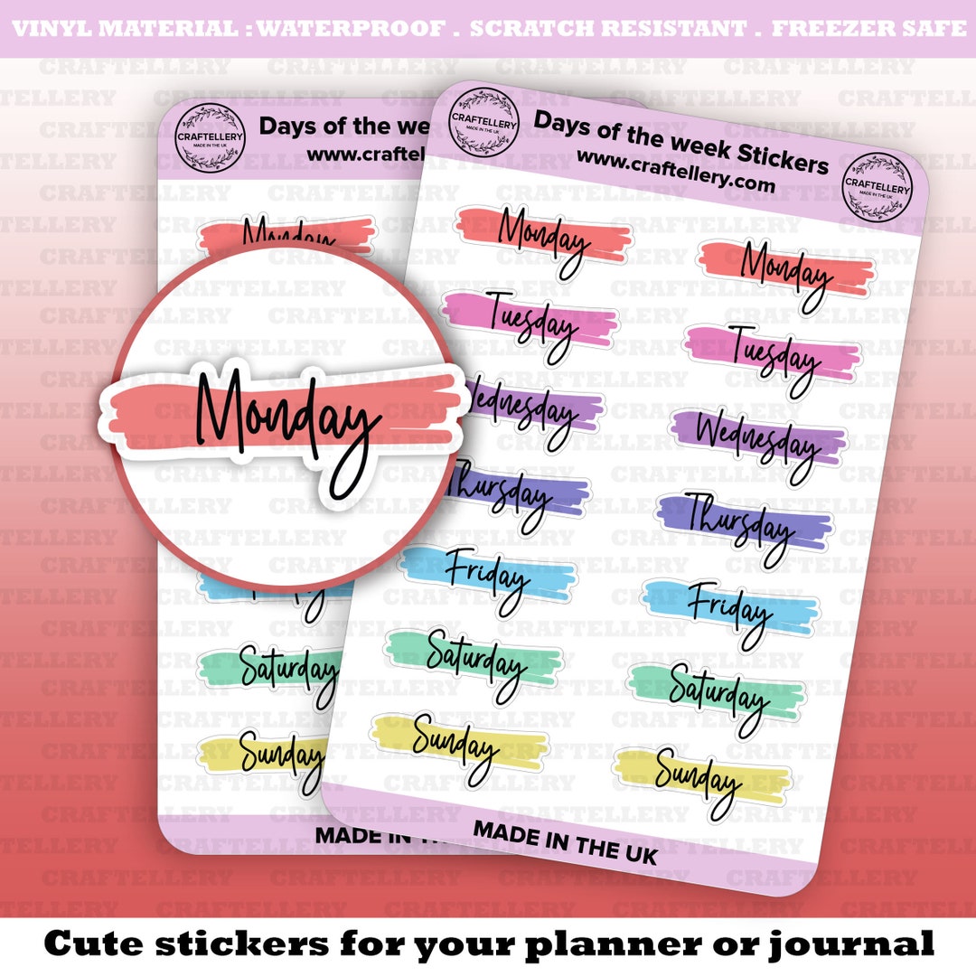 14 Days of the Week Sticker Sheet, Monday, Tuesday, Wednesday, Thursday ...