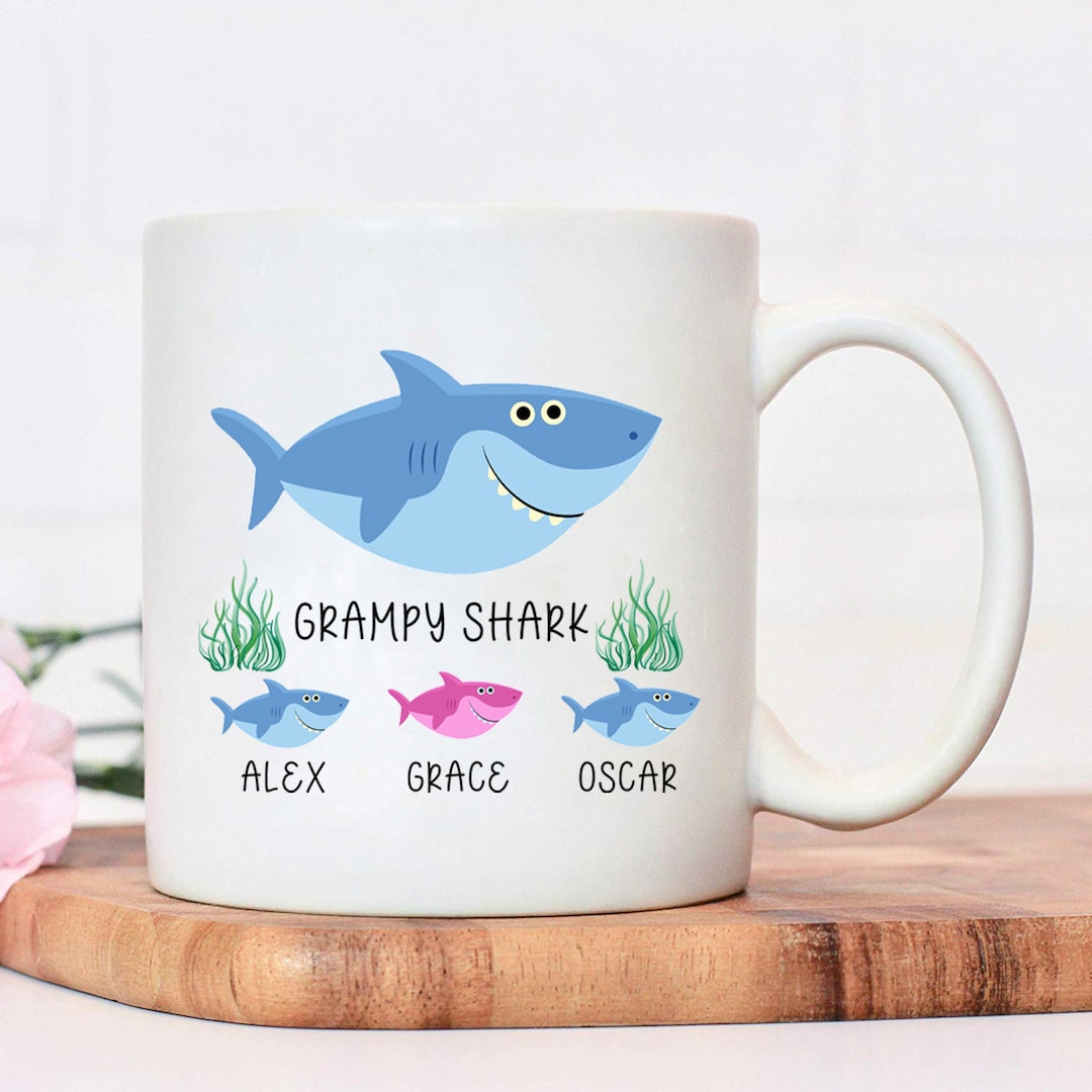 Personalised White Ceramic Mug 10oz - Grampy Shark Mug, Birthday Gift ...