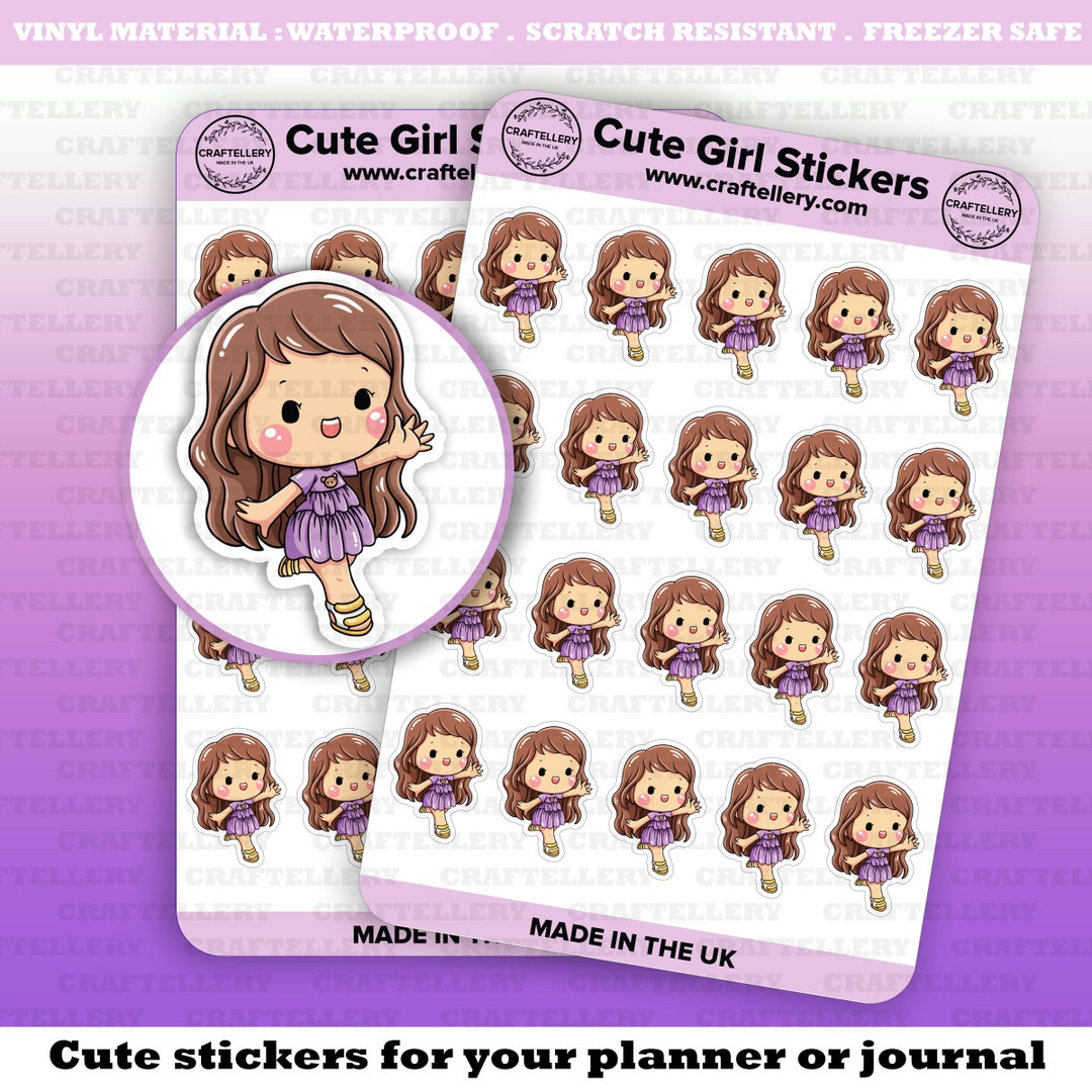 20 Cute Girl Sticker Sheet, Girl With Purple Dress Stickers, Cute Girl ...