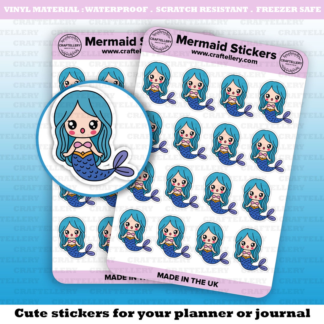 16 Cute Blue Mermaid Stickers, Mermaid Sticker Pack, Cute Girl Mermaid ...