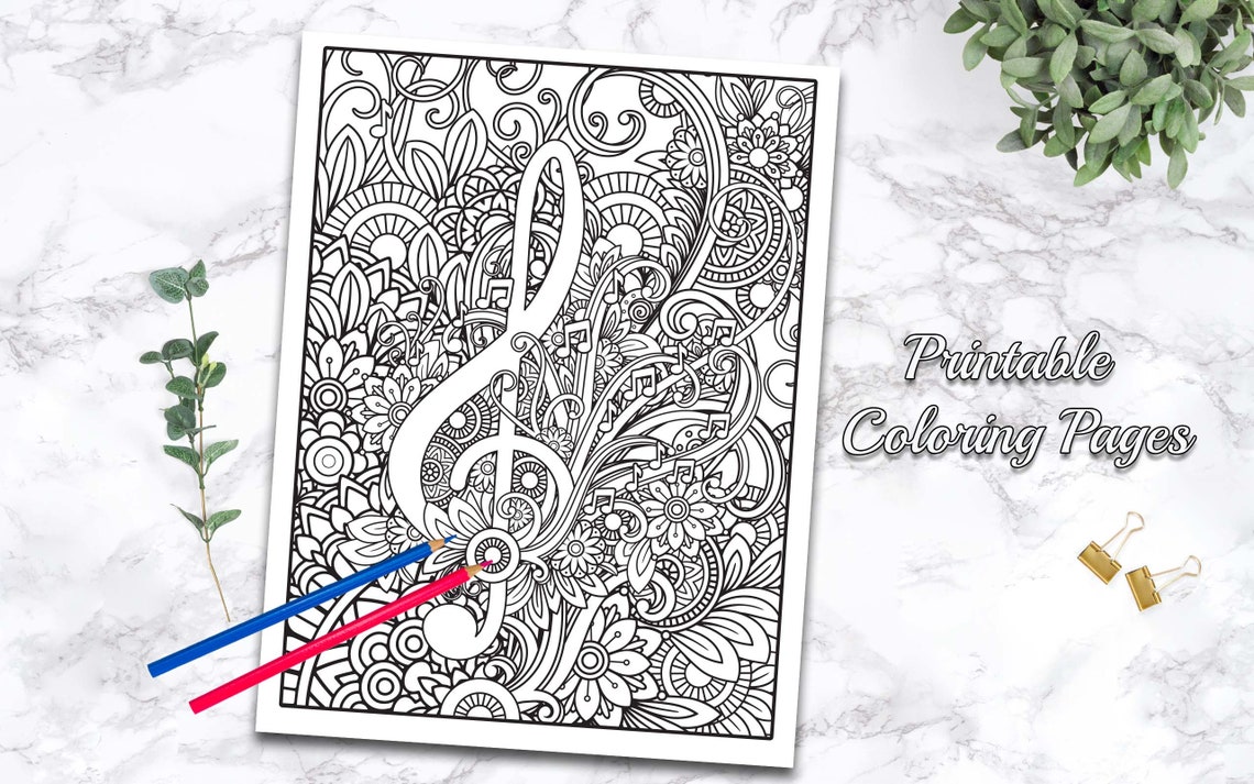 Music Coloring Pages for Adults 5 Printable Floral Coloring | Etsy