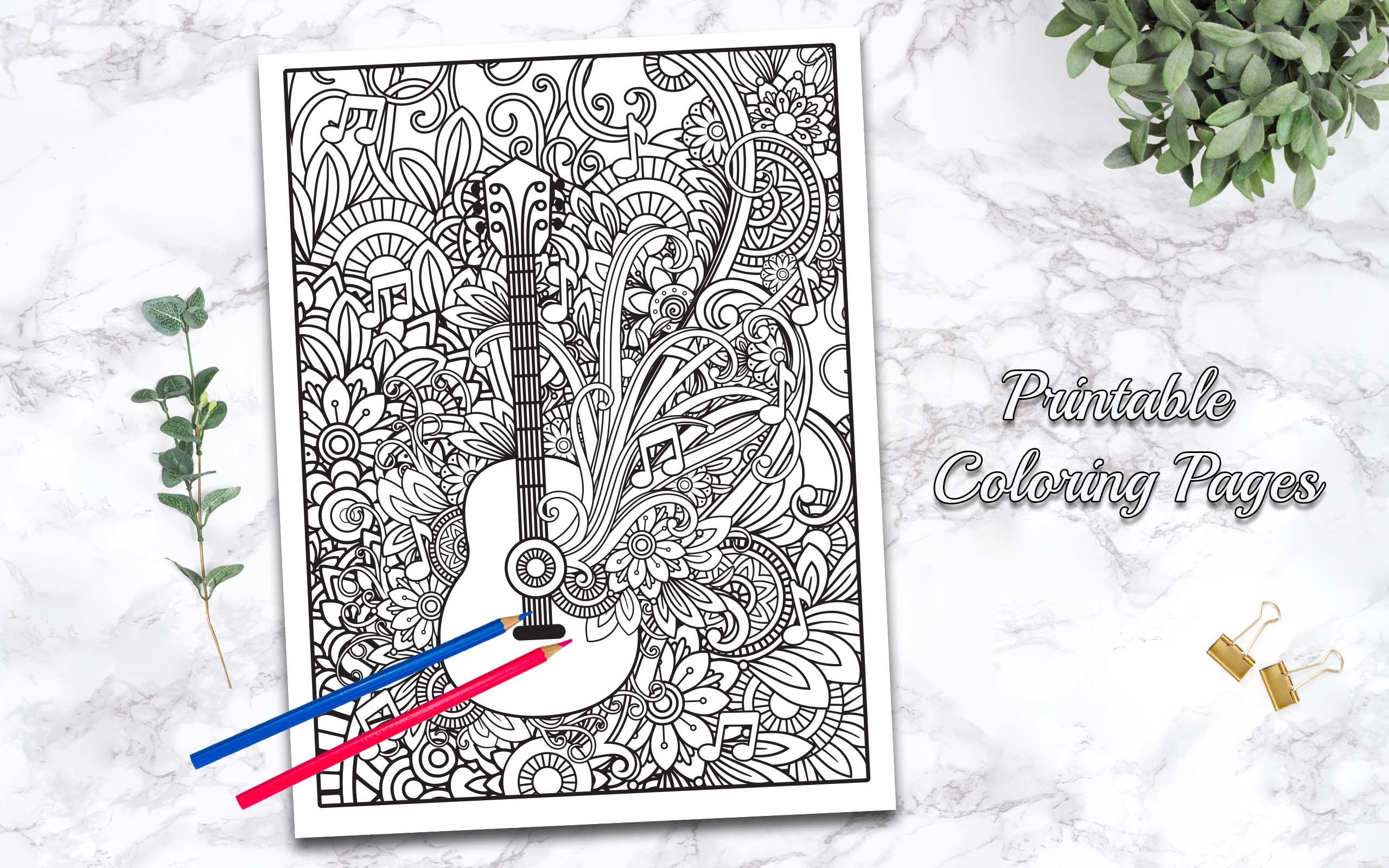 Music Coloring Pages for Adults, 5 Printable Floral Coloring Pages ...