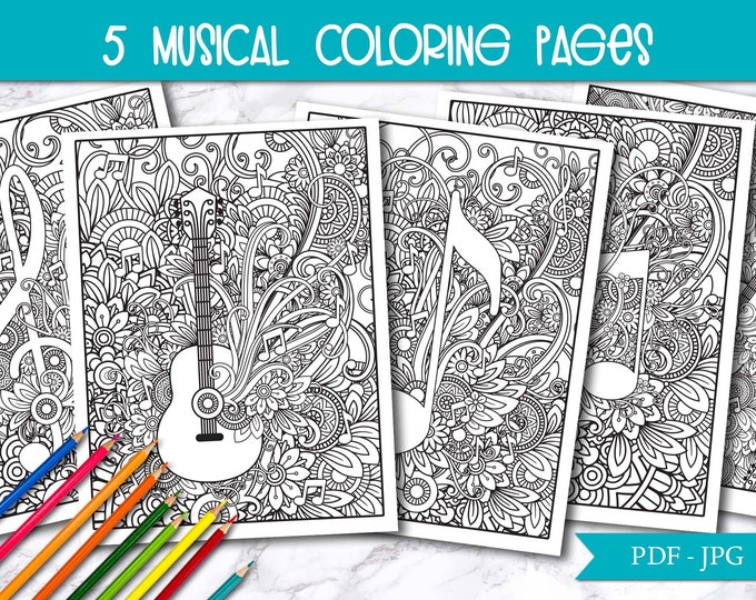 Music Coloring Pages for Adults 5 Printable Floral Coloring - Etsy