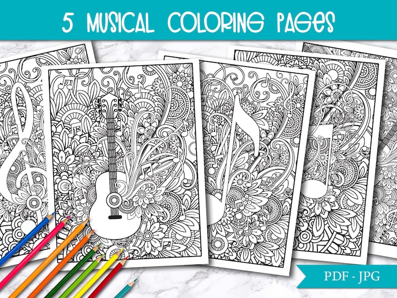Music Coloring Pages for Adults, 5 Printable Floral Coloring Pages ...