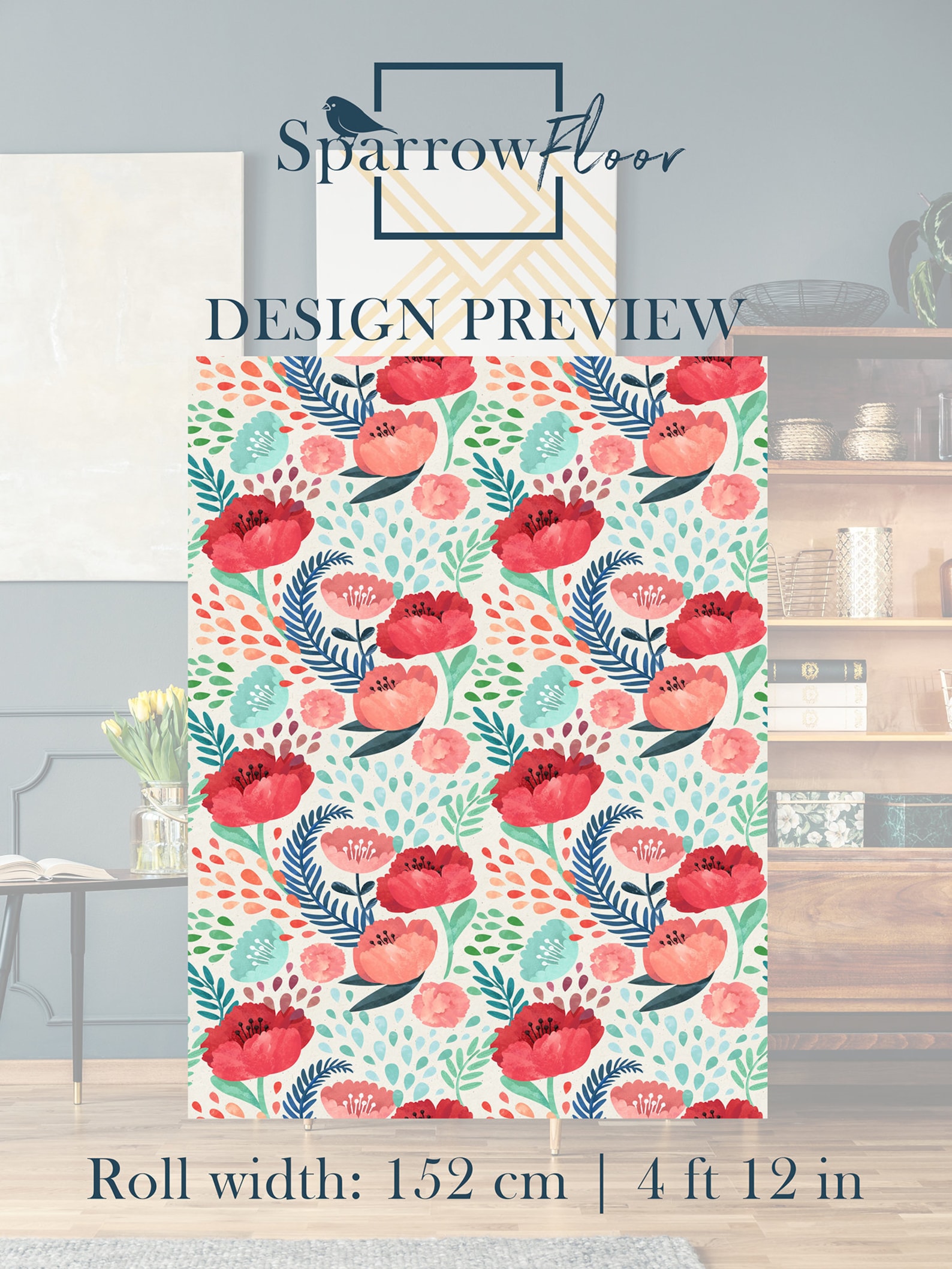 Poppy Vinyl PVC Flooring, Boho Vinyl Flooring, Floral Vinyl Floors, DIY ...