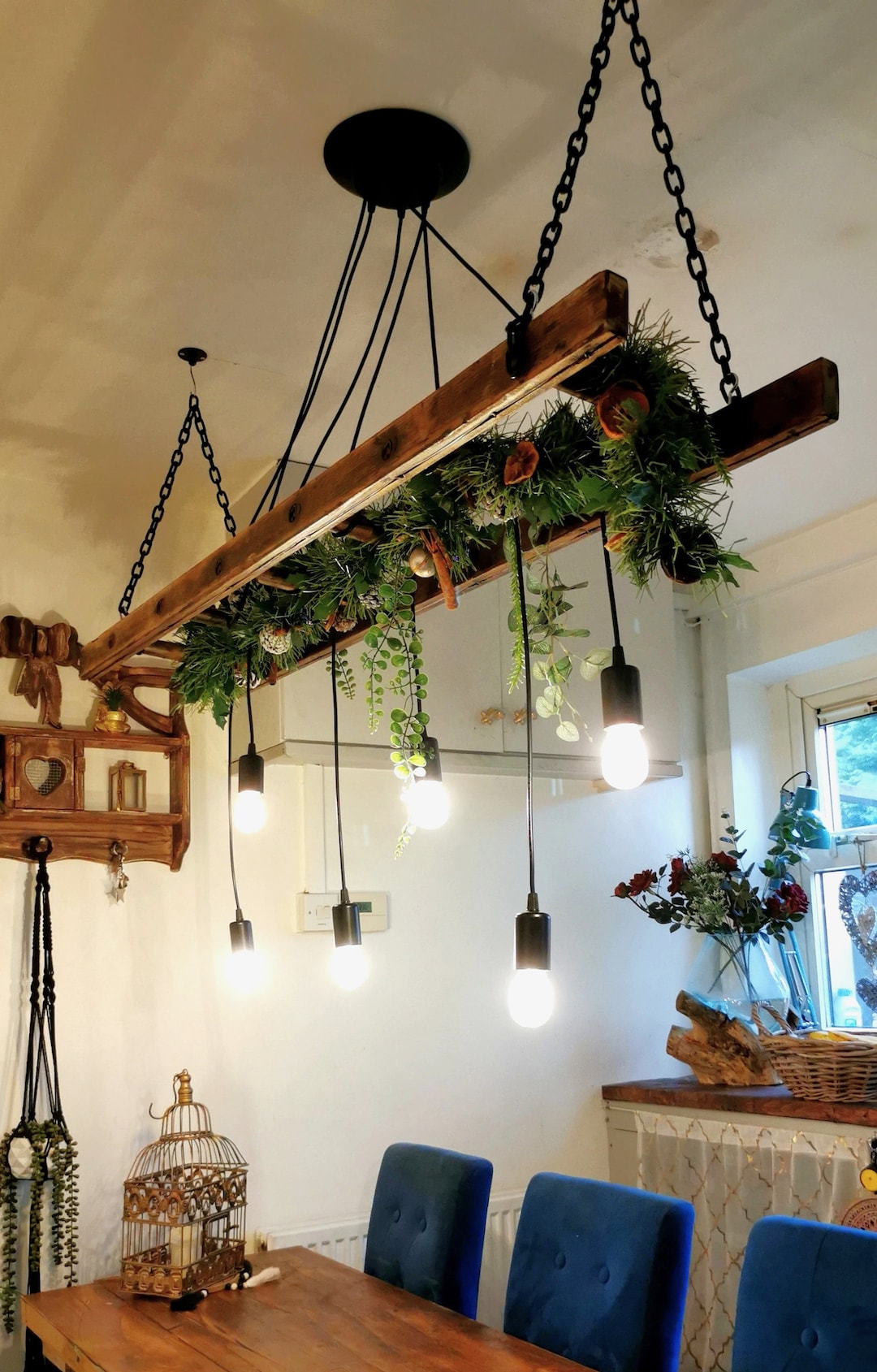 6 Pendant Rustic Vintage Industrial Wooden Ladder Farmhouse Chandelier ...