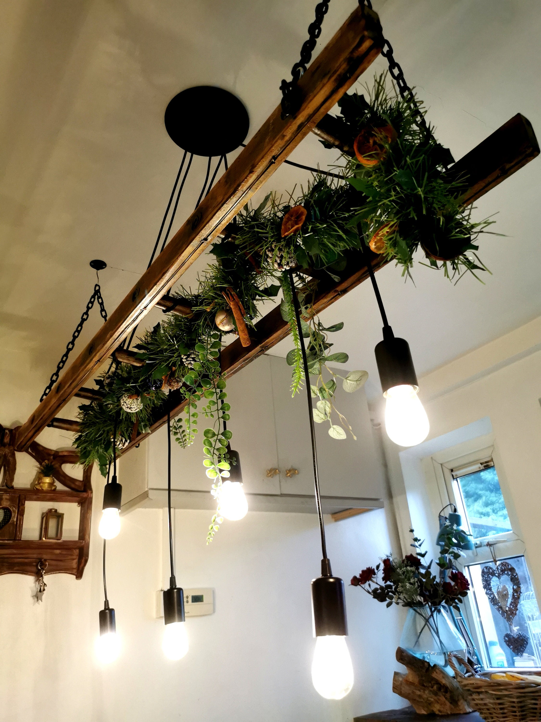 6 Pendant Rustic Vintage Industrial Wooden Ladder Farmhouse Chandelier ...